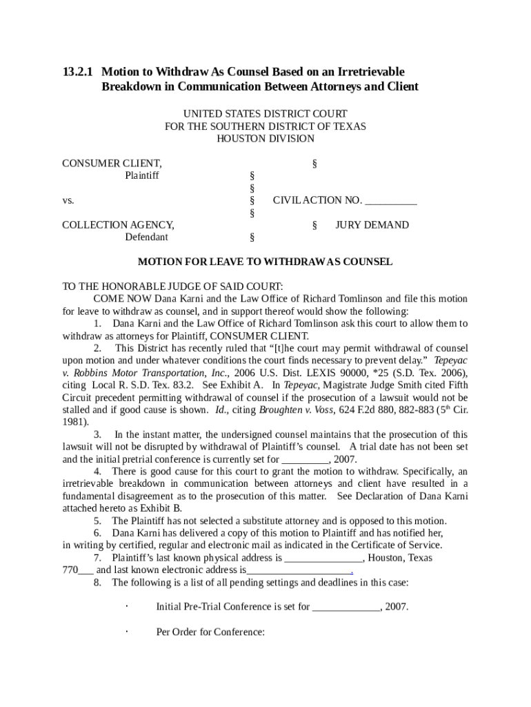 Fillable Online library nclc 1 Motion to Withdraw As Counsel Based on ...