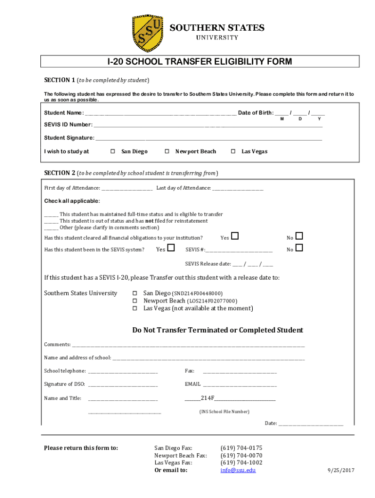 Fillable Online I-20 SCHOOL TRANSFER ELIGIBILITY FORM Fax Email Print ...