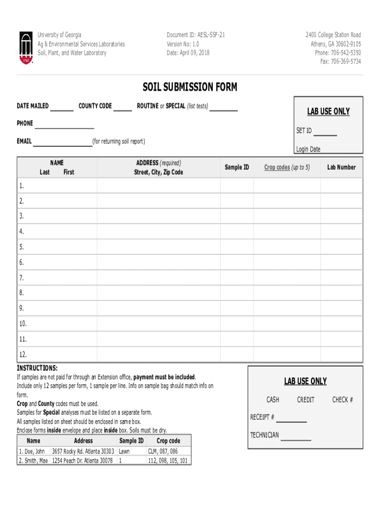 Fillable Online aesl ces uga PDF SOIL SUBMISSION FORM - AESL ...