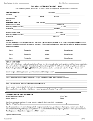Fillable Online Fill - Free fillable CHILDS APPLICATION FOR ENROLLMENT ...