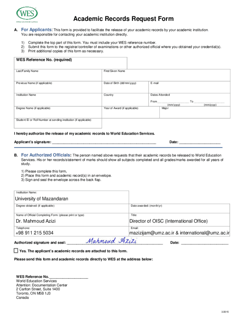 Fillable Online How to fill academic records request form WES Canada ...