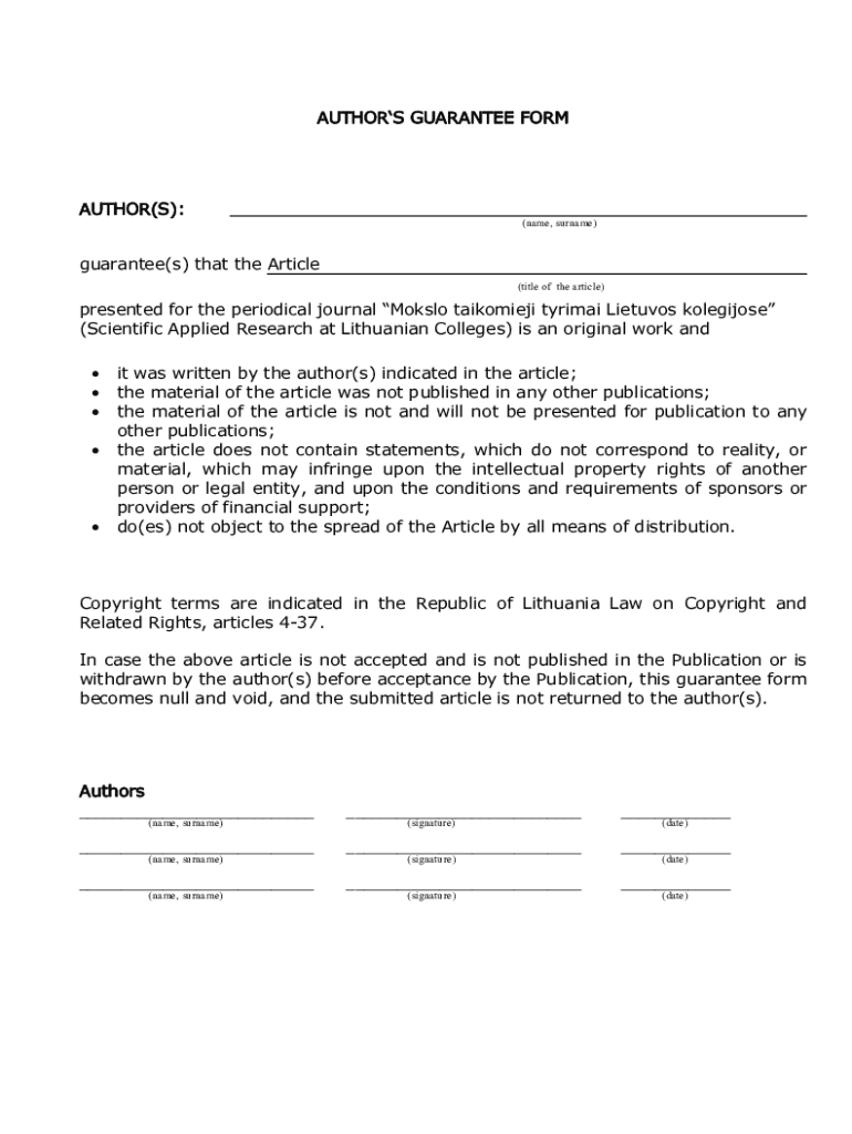Fillable Online AUTHORS GUARANTEE FORM - Transport Means Fax Email Print - pdfFiller