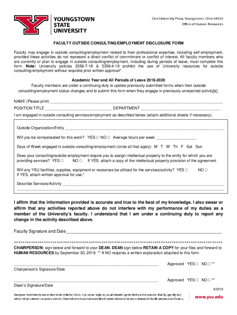 Fillable Online cms ysu Faculty outside consulting/employment disclosure form Fax Email Print ...