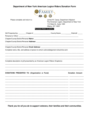 Fillable Online Department of New York American Legion Riders Donation ...