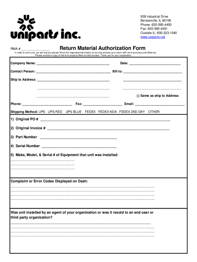 Fillable Online Return Material Authorization Form - Uniparts Inc Fax ...