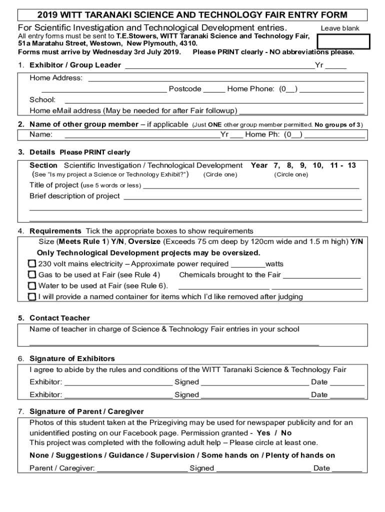Fillable Online 2019 WITT TARANAKI SCIENCE AND TECHNOLOGY FAIR ENTRY ...