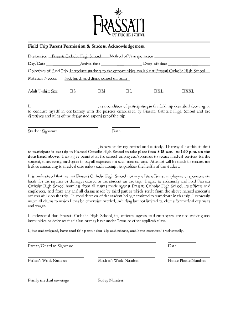 Fillable Online Field Trip Parent Permission & Student Acknowledgement Fax Email Print - pdfFiller