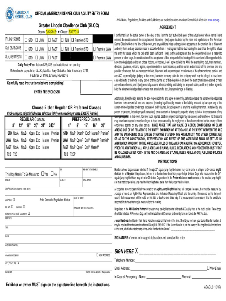 Fillable Online official american kennel club agility entry form ...