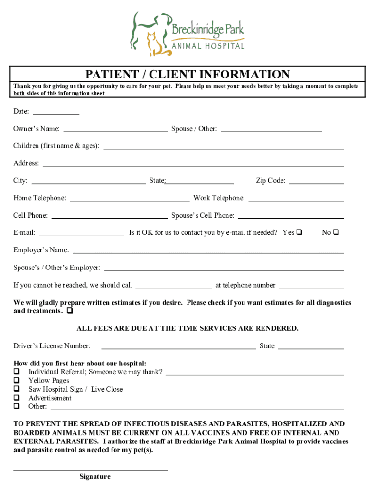 Fillable Online Vestavia Animal Clinic - Patient/Client Information Fax ...
