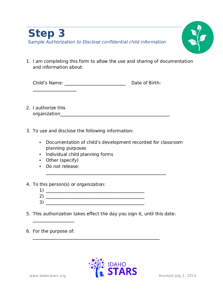 Sample Authorization to Disclose confidential child ination Doc Template | pdfFiller