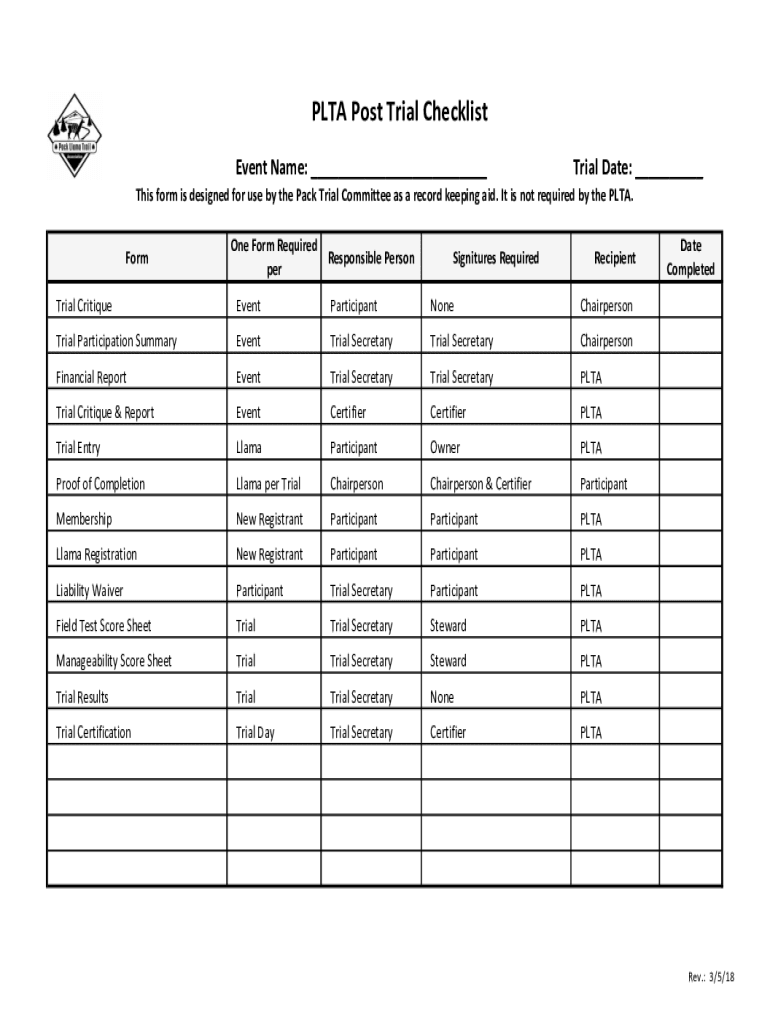 Fillable Online PLTA Post Trial Checklist. Pack Trial data collection ...