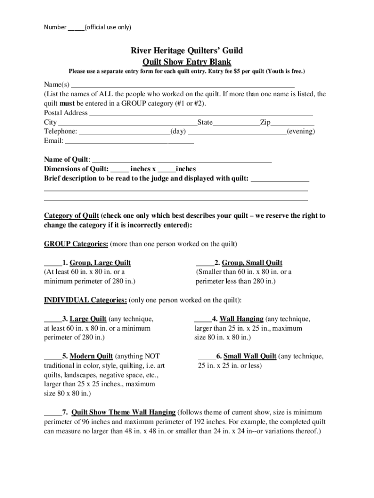 Fillable Online PDF River Heritage Quilters' Guild Quilt Show Entry ...