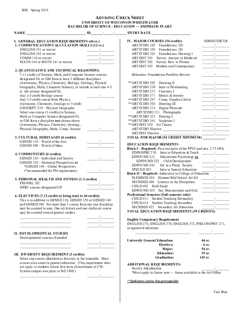 Fillable Online ADVISING CHECK SHEET UNIVERSITY OF WISCONSIN-WHITEWATER ...