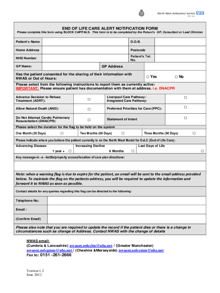 Fillable Online Ambulance End of life care alert notification form Fax ...