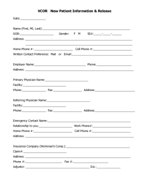 Fillable Online VCOR New Patient Information Form Fax Email Print ...