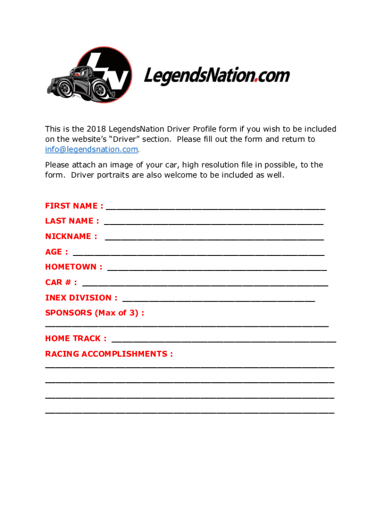 Fillable Online This is the 2018 LegendsNation Driver Profile form if ...