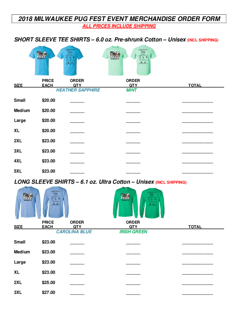 Fillable Online 2018 MILWAUKEE PUG FEST EVENT MERCHANDISE ORDER FORM ...