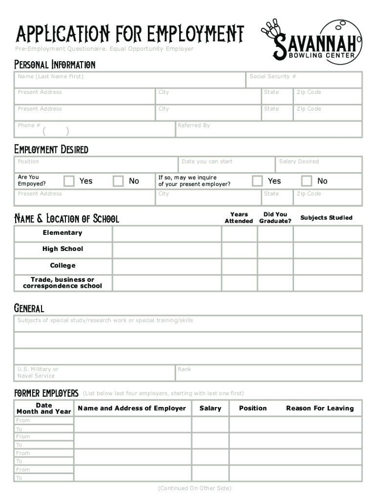Fillable Online Application For Employment Pre Employment Questionnaire ...