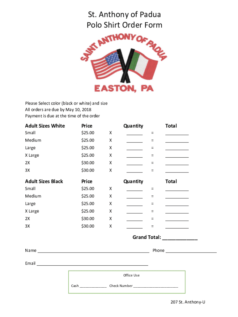 Fillable Online St. Anthony of Padua Polo Shirt Order Form Fax Email ...