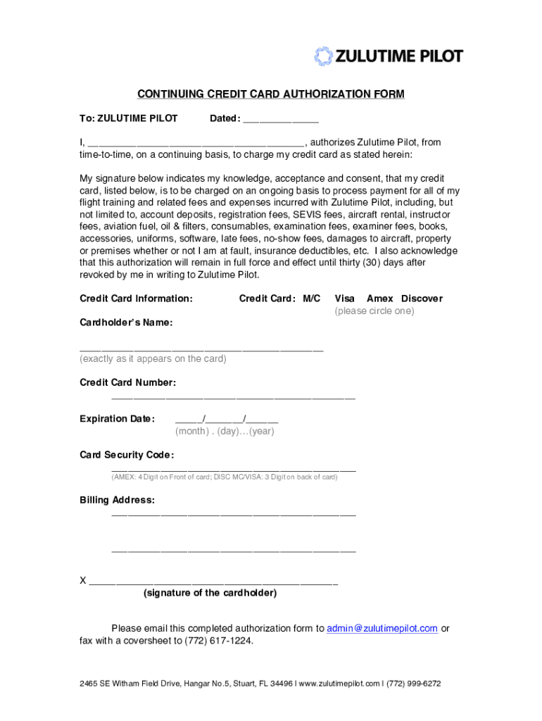 Fillable Online Zulutime Pilot Credit Card Authorization Form 01 Fax ...
