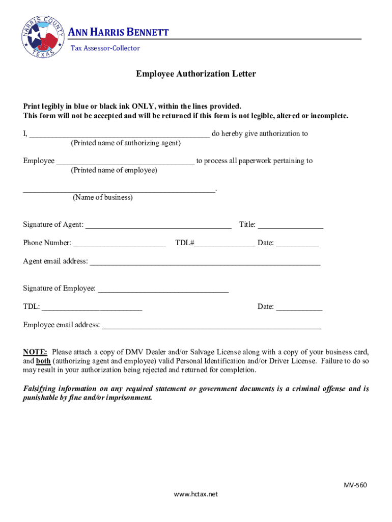 Fillable Online Tax Assessor-Collector Vehicle Specific Authorization ...