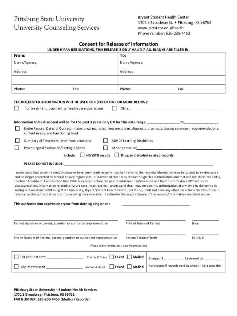 Fillable Online Pittsburg State University Student Health Services Fax ...