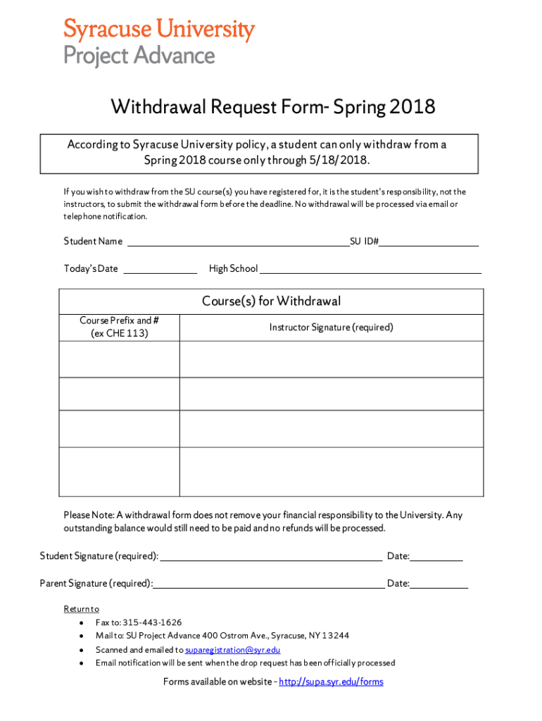 Fillable Online Withdrawal Request Form spring 18 - Project Advance Fax Email Print - pdfFiller