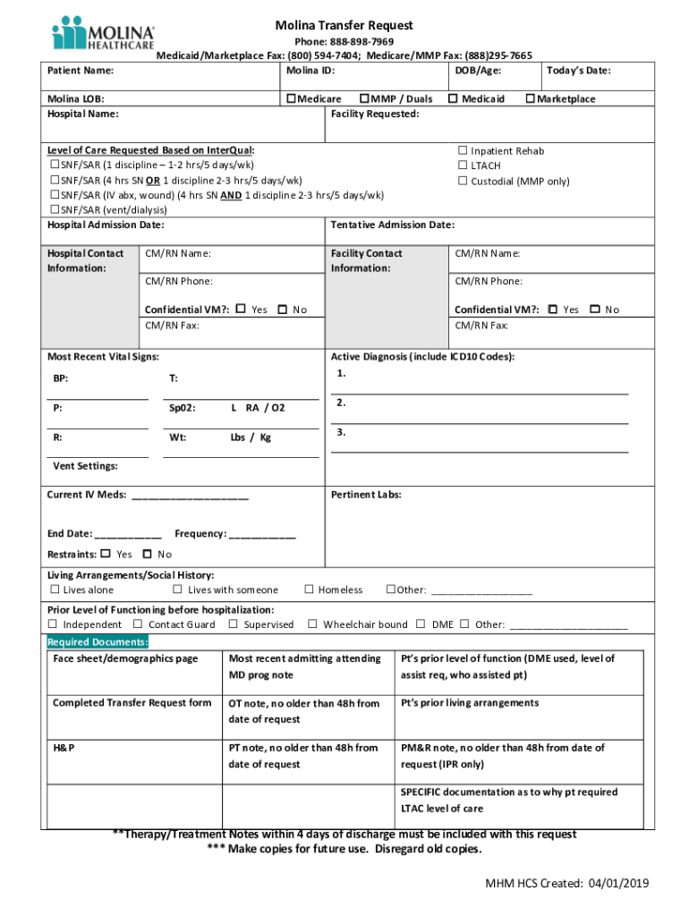 Fillable Online Molina Transfer Request Fax Email Print - pdfFiller