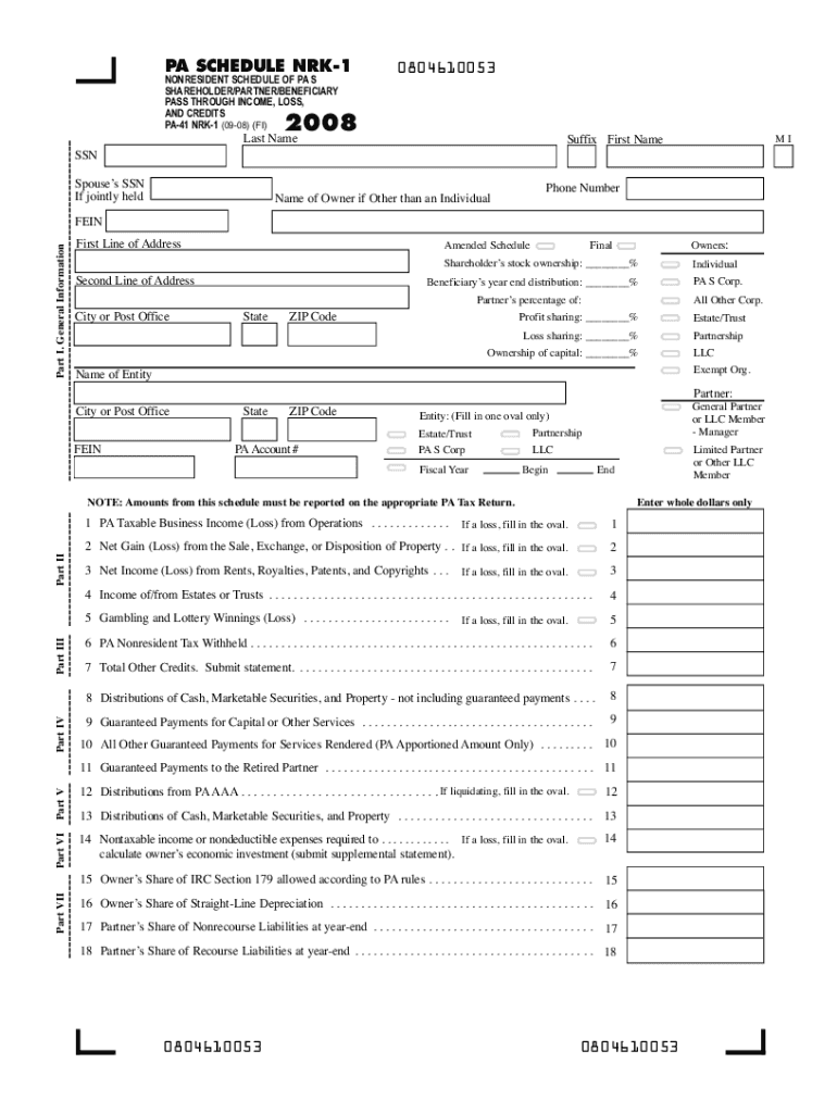 Fillable Online Form PA-41 Schedule NRK-1 "Nonresident Schedule of ...