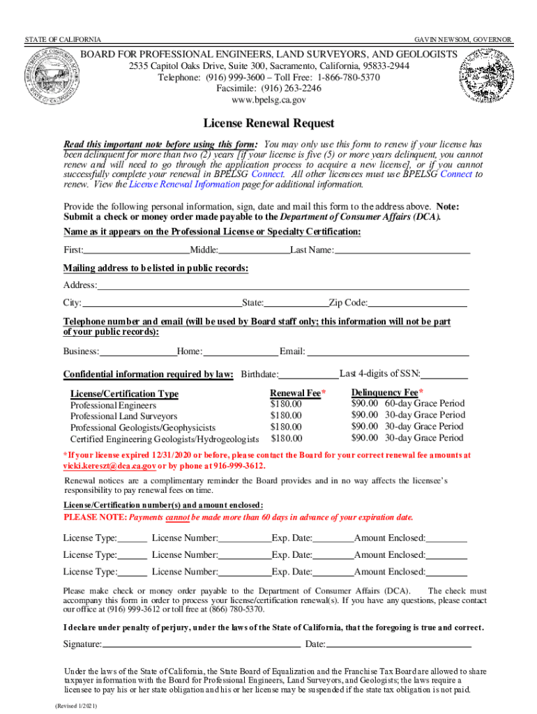 Fillable Online License Renewal Request Form. License Renewal Request ...