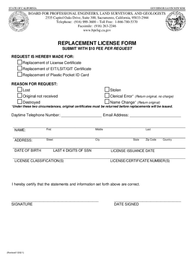 Fillable Online REPLACEMENT LICENSE FORM. REPLACEMENT LICENSE FORM Fax ...