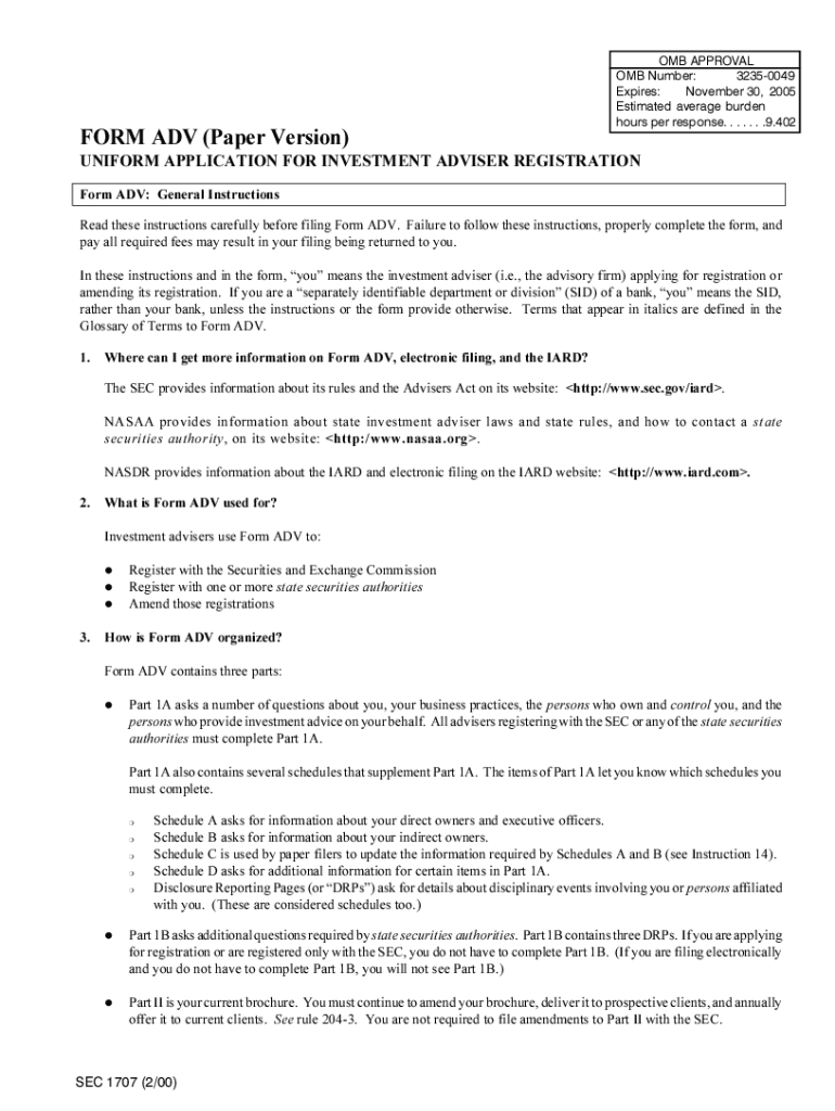 Fillable Online Form ADV. Application for registration as an investment ...