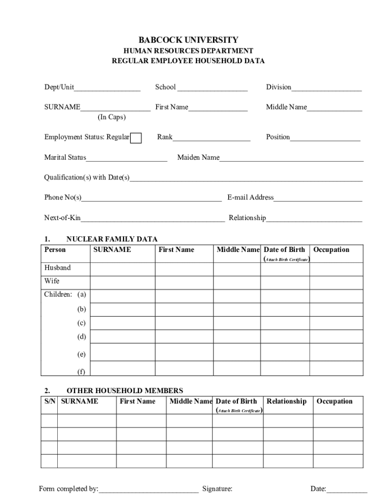 Fillable Online EMPLOYEE HOUSEHOLD DATA FORM - Babcock University Fax ...