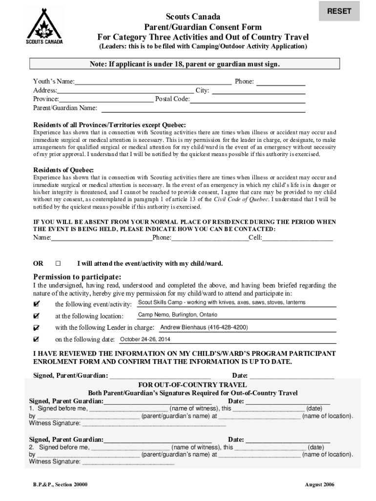 Fillable Online Fillable Scouts Canada Parent/guardian Consent Form ...