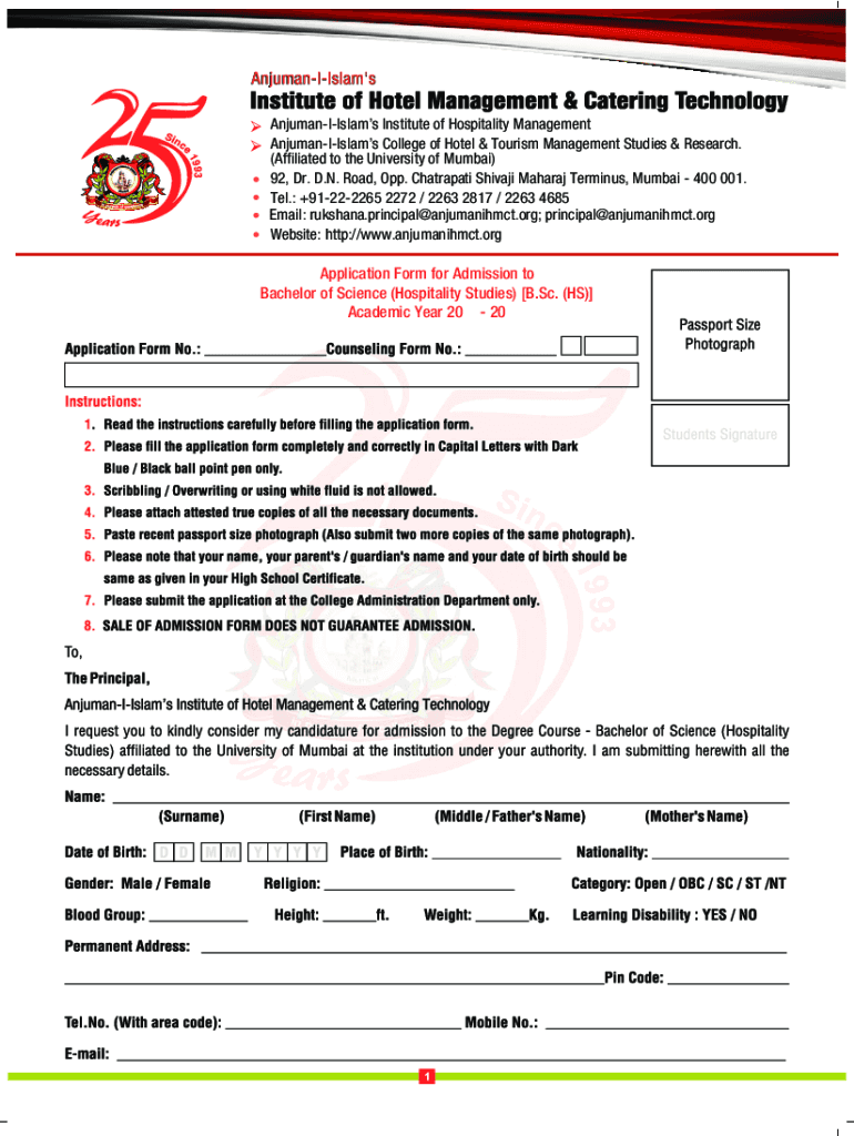 Fillable Online Anjuman-I-Islam's Institute Of Hotel ManagEment & Catering ... Fax Email Print ...