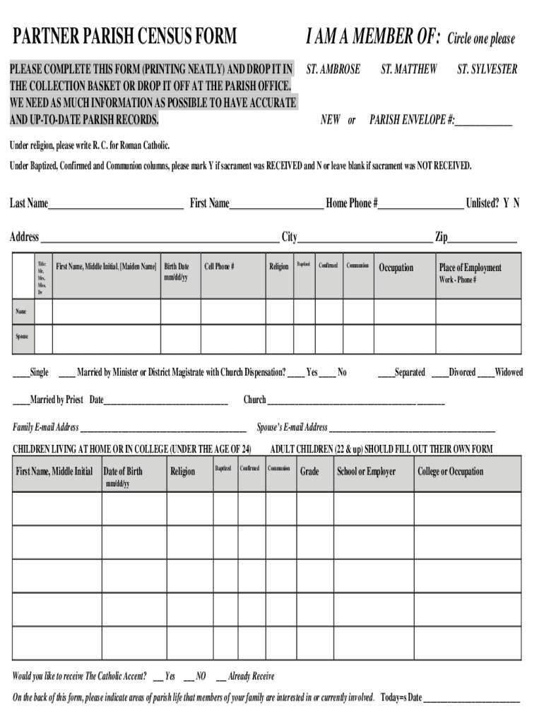 Fillable Online PARTNER PARISH CENSUS FORM Fax Email Print - pdfFiller