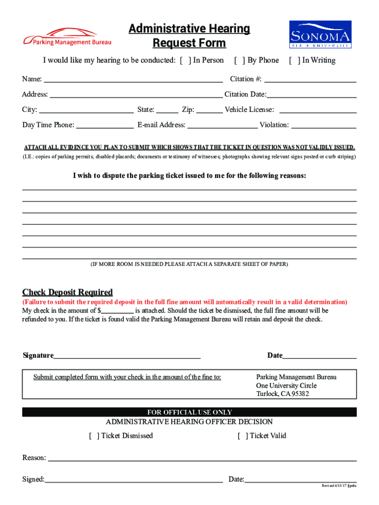Fillable Online Administrative Hearing Request Form - Parking ...