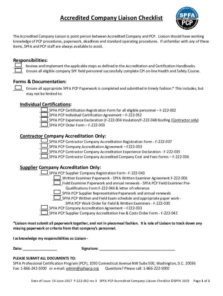 Fillable Online F-222-032 rev 3 SPFA PCP Accredited Company Liaison ...