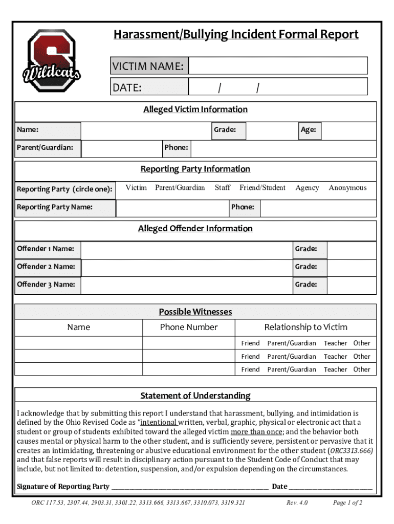Fillable Online PDF Bullying, Harassment, or Intimidation Reporting ...