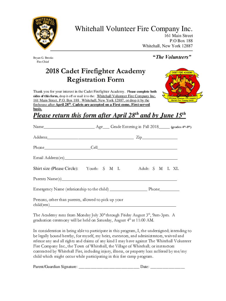 Fillable Online Whitehall Volunteer Fire Company Inc. 2018 Cadet ...