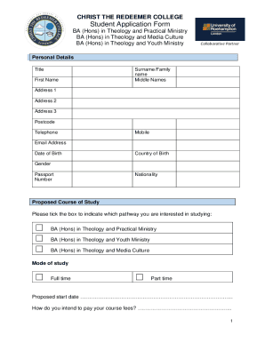 Fillable Online CHRIST THE REDEEMER COLLEGE Student Application Form ...