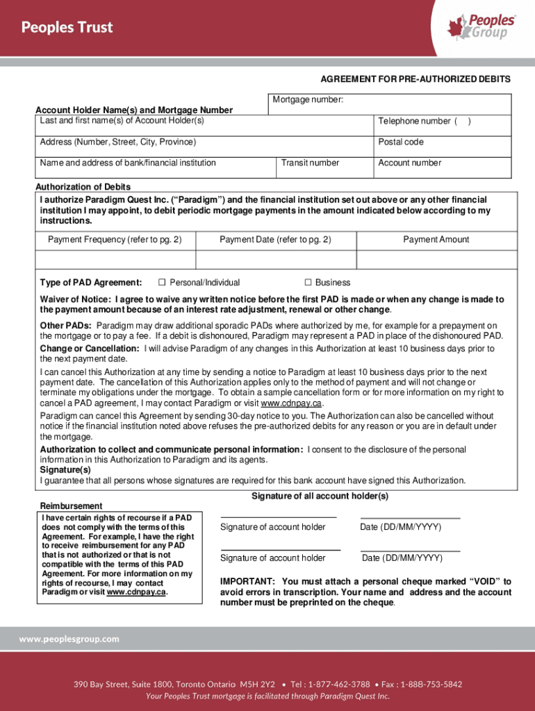 Fillable Online Paradigm Quest Inc. AGREEMENT FOR PRE-AUTHORIZED DEBITS ...