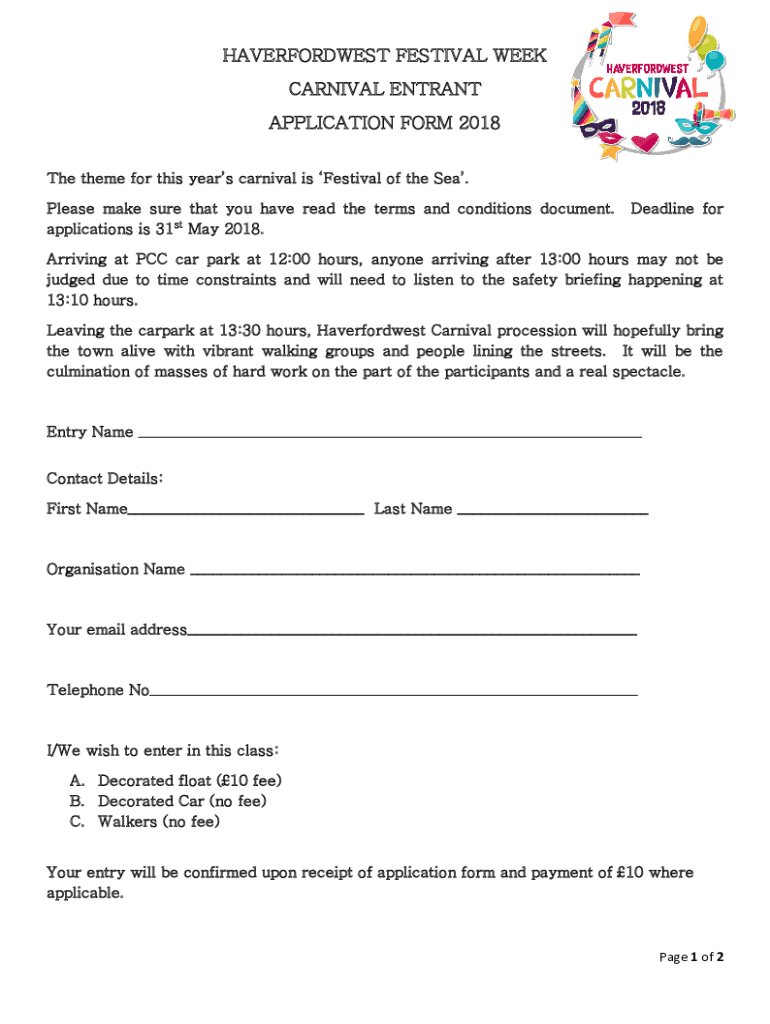 Fillable Online haverfordwest festival week carnival entrant ...