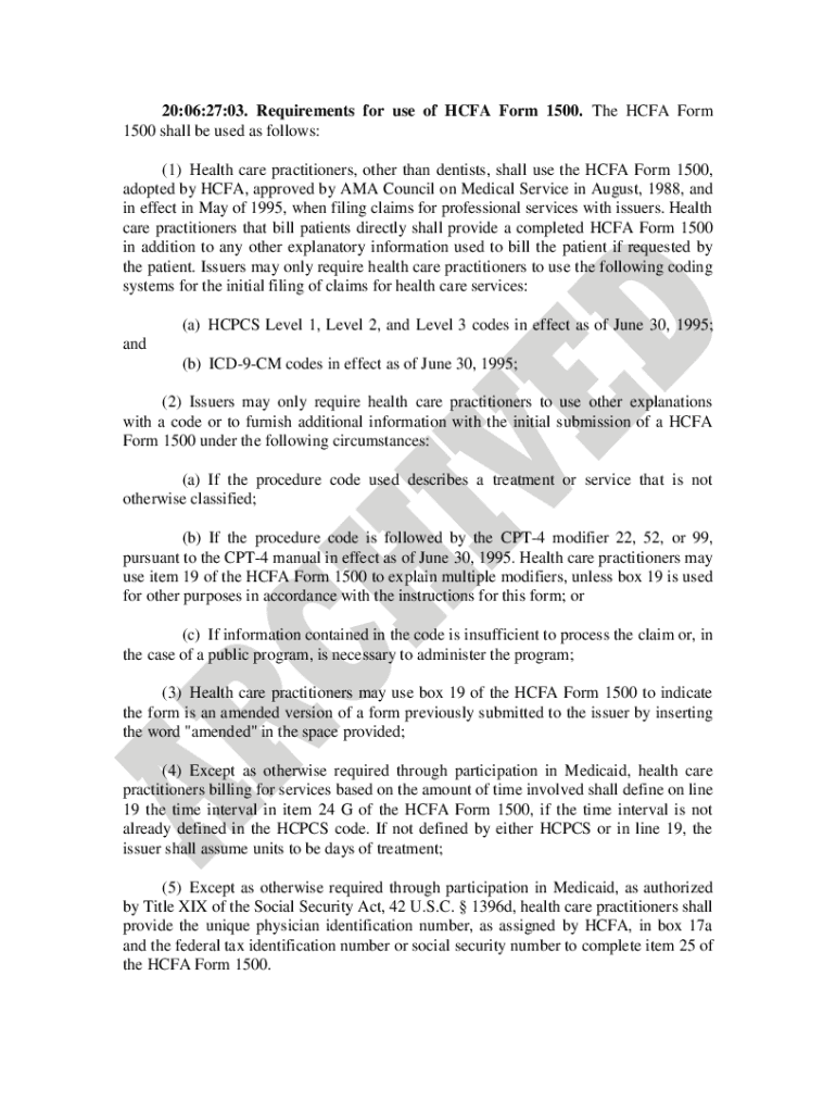 Fillable Online 20:06:27:03. Requirements for use of HCFA Form 1500 ...