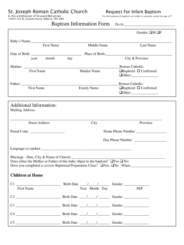 Fillable Online PDF Baptismal Information Sheet - St. Joseph Baytown ...