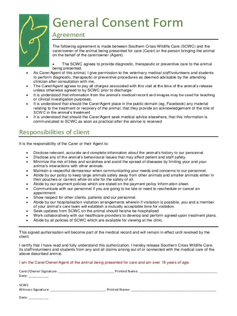 Fillable Online General Consent Form - Southern Cross Wildlife Care Fax ...