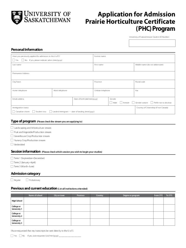 Fillable Online phc usask Application for Admission Prairie ...