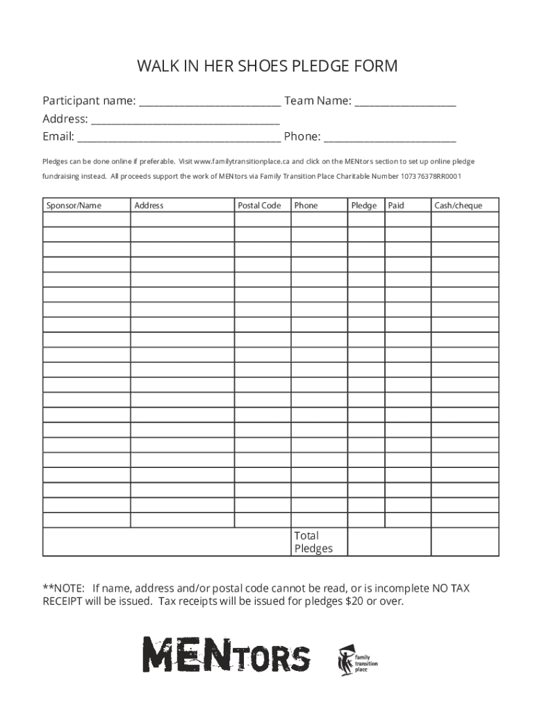 Fillable Online WALK IN HER SHOES PLEDGE FORM - familytransitionplace ...