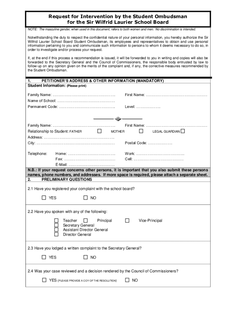 Fillable Online olp swlauriersb qc Request for Intervention by the Student ... - Sir Wilfrid ...