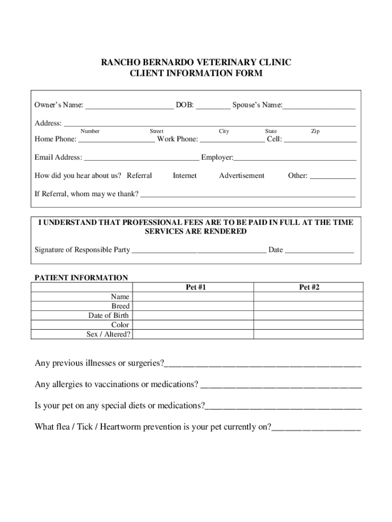 Fillable Online Client Information Form - Bellalago Veterinary Hospital ...